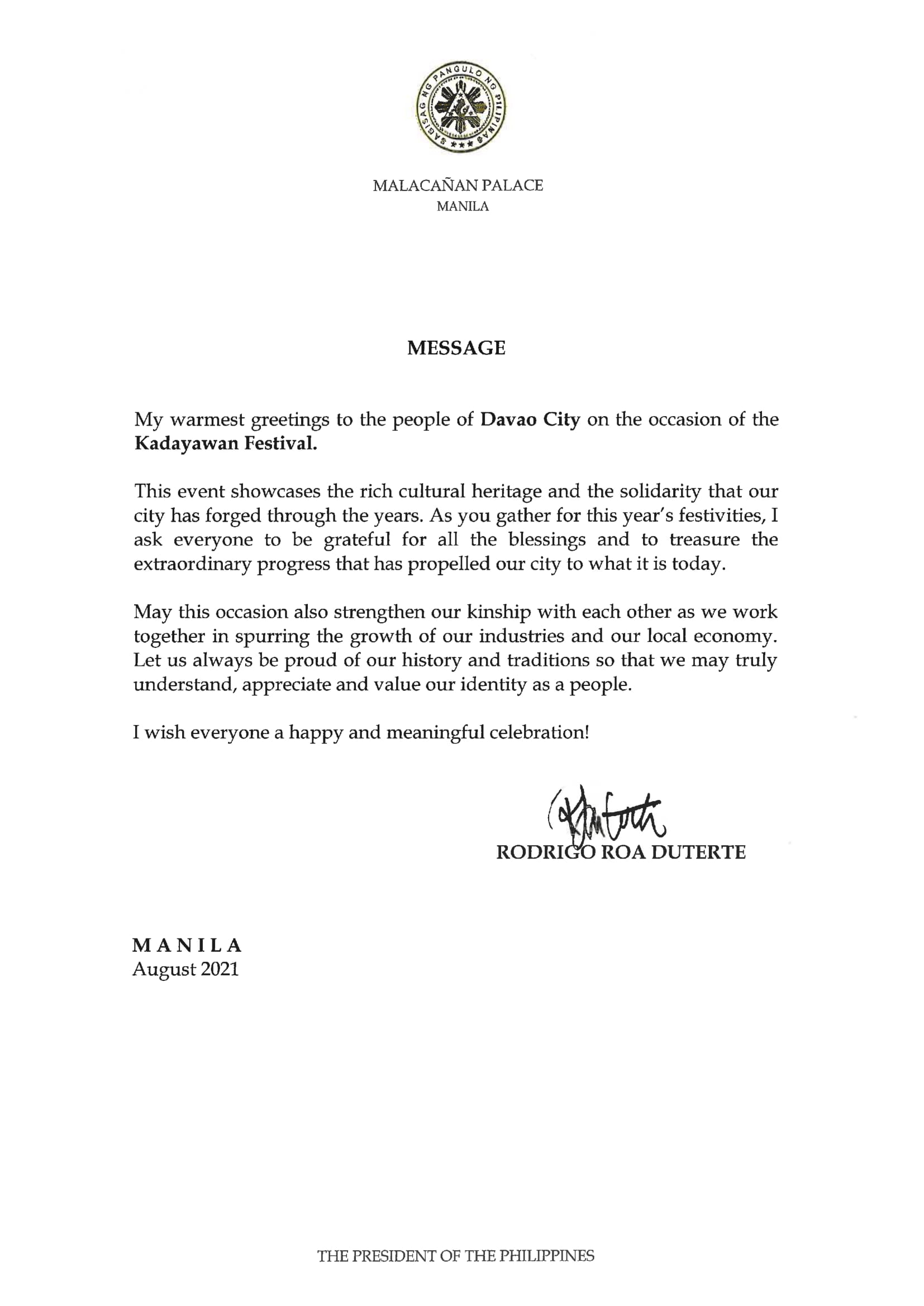 Message Of President Rodrigo Roa Duterte On The Occasion Of The